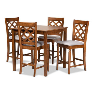 Walnut Counter Height Dining Set with Cushioned Chairs and Square Table ...