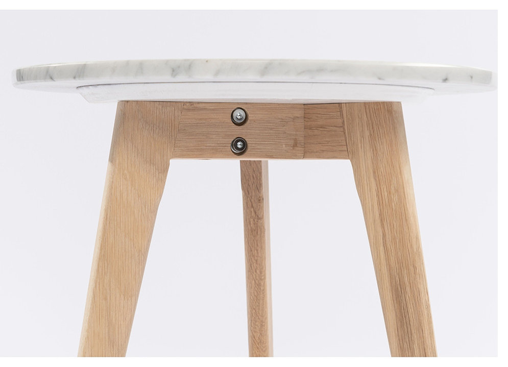 Cherie 15" Round Italian Carrara White Marble Side Table with Oak Legs ...