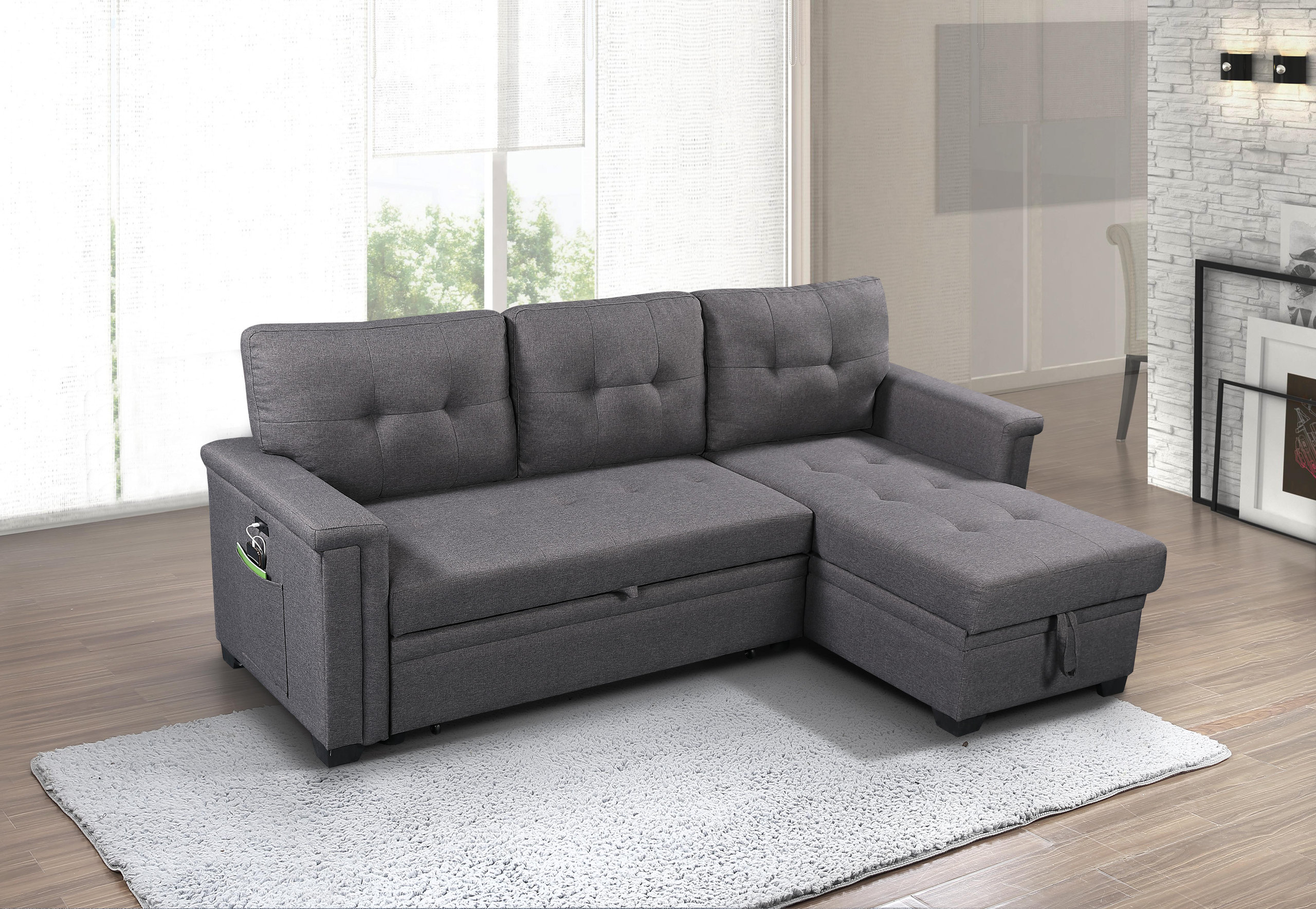 Ashlyn Sleeper Sofa With USB Charger Pocket and Chaise - Transitional ...