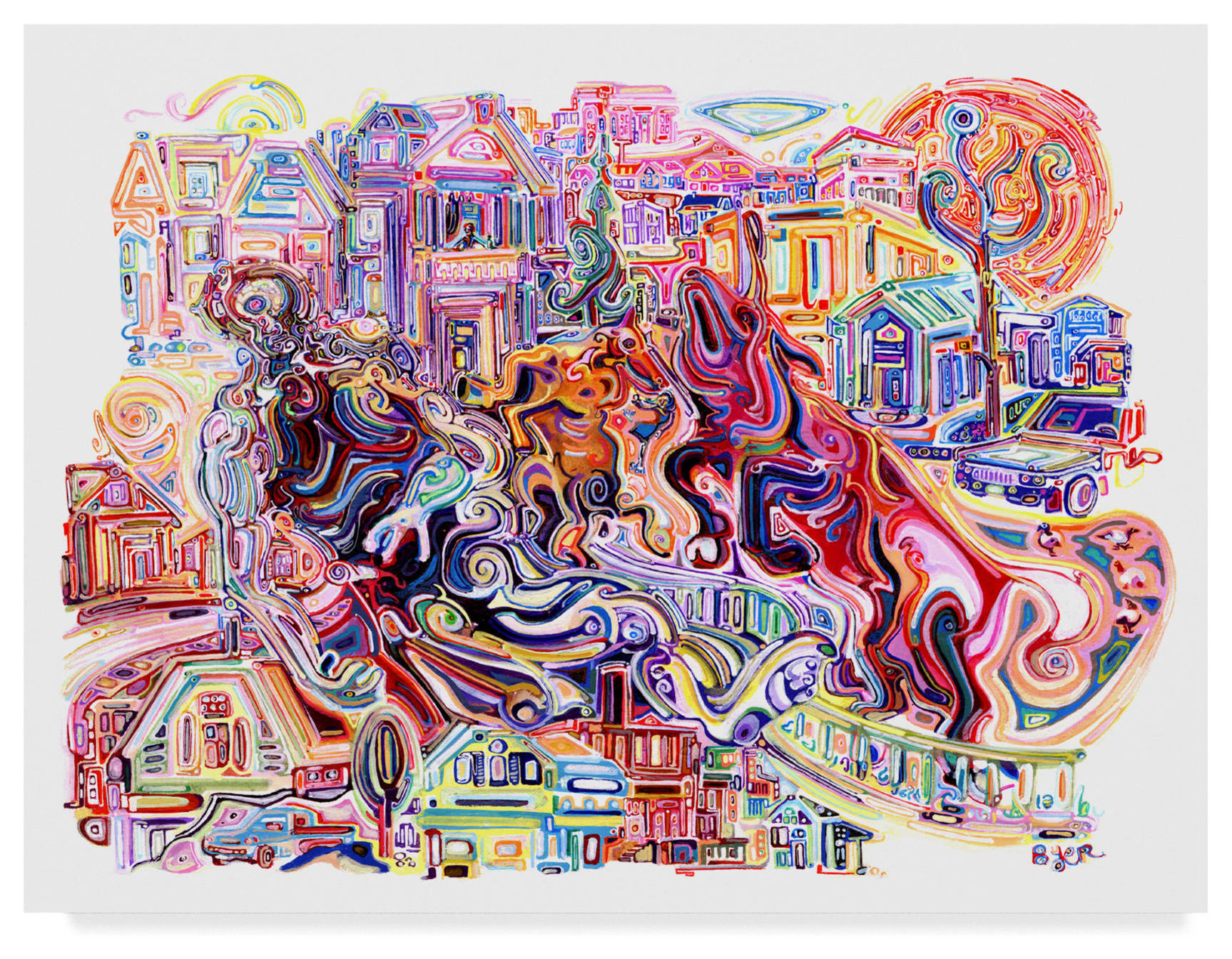 "Two Unicorns Killing A Cyclops In The Suburbs" by Josh Byer, Canvas ...