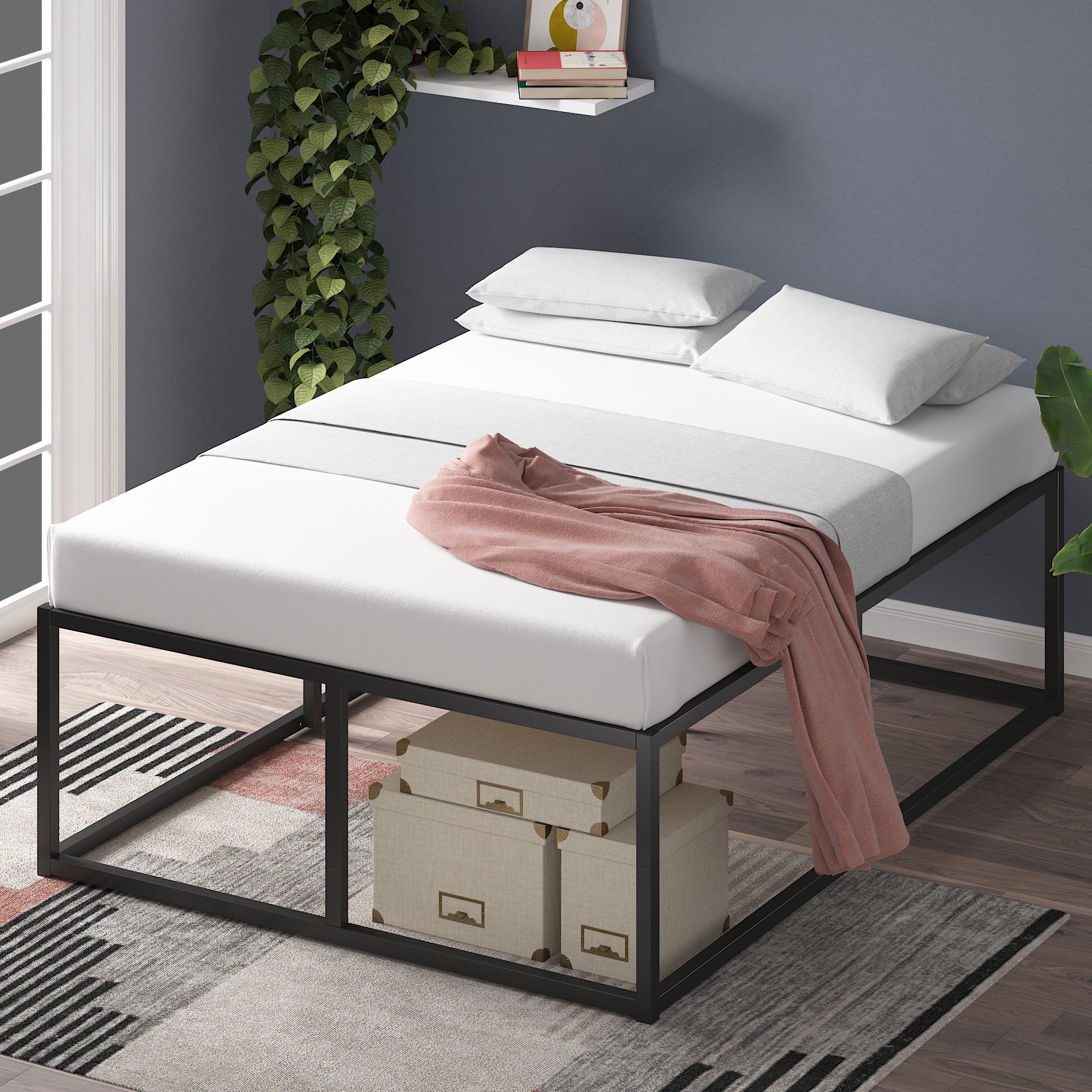 Modern Platform Bed, Tall Minimalist Design With Wooden Slats Support ...