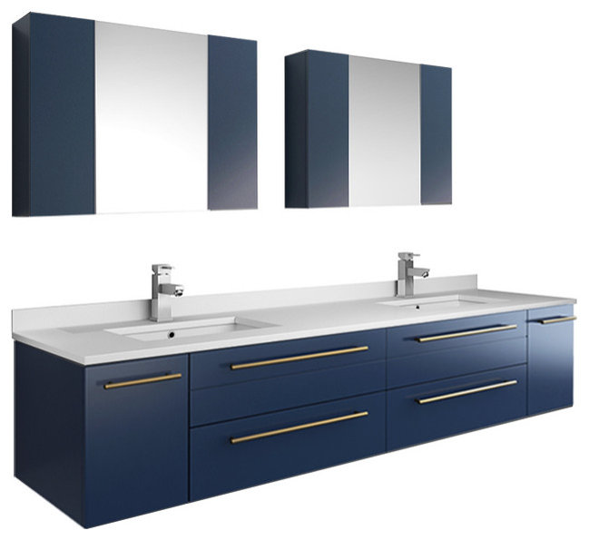 72 Royal Blue Wall Hung Modern Bathroom Cabinet w/ Top & Double ...
