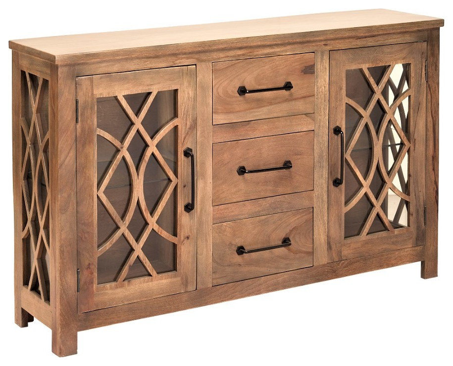 80" Slim Natural Color Rustic Curio Buffet With Trellis Glass Doors ...