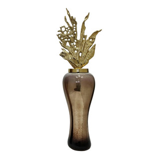 38"h Metal Vase W/ Leaf Like Lid, Champagne - Contemporary - Decorative ...