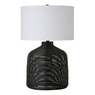 27" Black Rattan Table Lamp With White Drum Shade - Tropical - Table ...