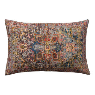 24" Cotton Printed Lumbar Pillow, Pattern, Chambray Back, Multicolored ...