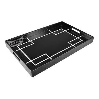 Lacquer Rectangle Tray, Black with White Interlock - Contemporary ...