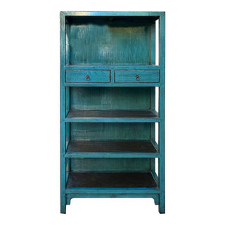 Distressed Turquoise Blue Rattan Shelves Bookcase Display Cabinet ...