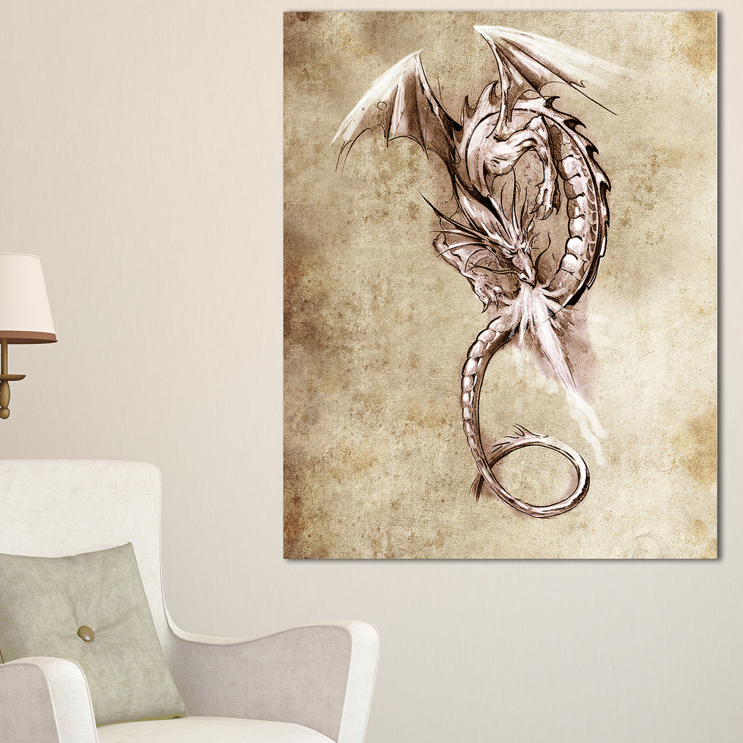 "Fantasy Dragon Tattoo Sketch" Digital Art Canvas Print, 20"x40 ...