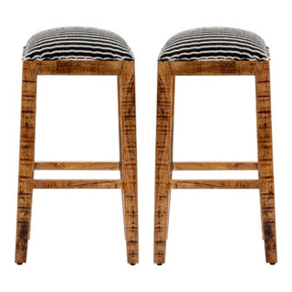 Home Square Wood Striped Barstool in Black and White - Set of 2, 2 ...