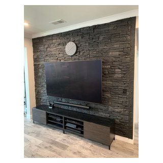 DIY TV Accent Wall Design with Iron Ore Stacked Stone - Living Room ...