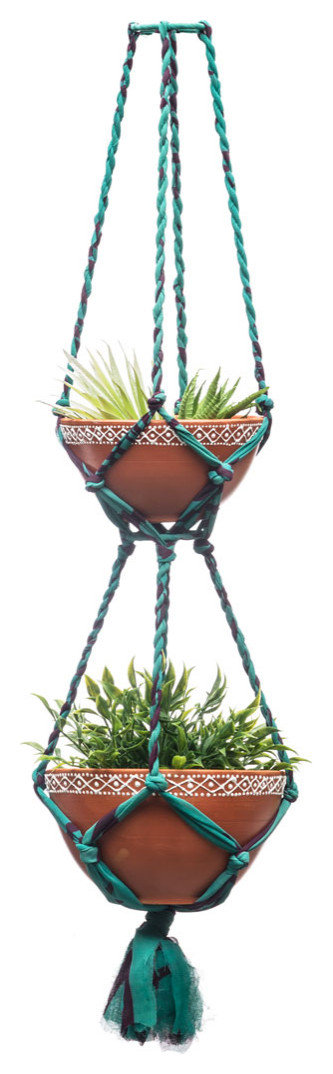 Macrame Tiered Two Pots Hanging Planter Assorted Upcycled Sari, 7x33 ...
