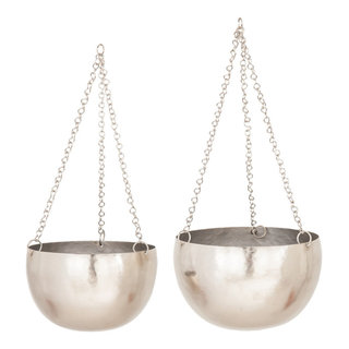 Bowl Shape Metal Hanging Planters with Chains, Set of 2, Silver ...