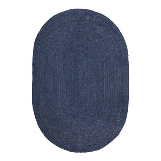 Handmade Navy Jute Oval Area Rug, Braided Natural Farmhouse Design, 5 ...