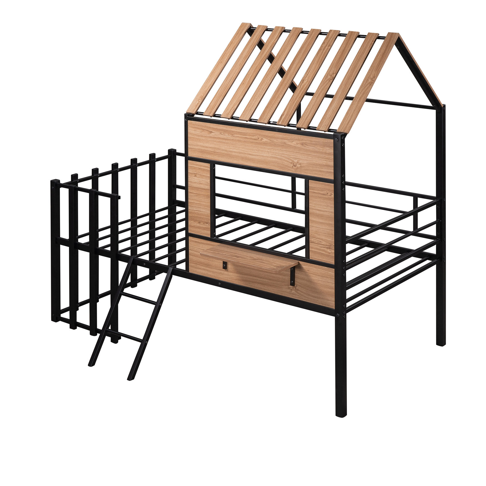 Gewnee Metal Twin size Loft Bed with Roof, Window, Guardrail, Ladder in ...