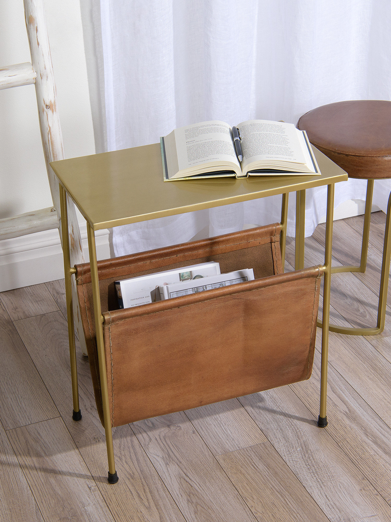 Brass Finish Side Table, Leather Magazine Holder - Contemporary - Side ...