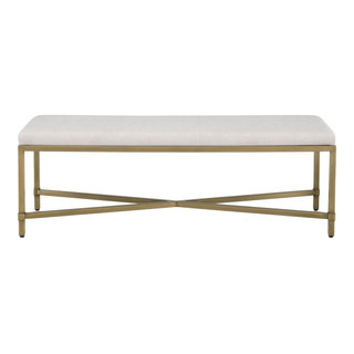 Fabric Upholstered Bench With Brushed Gold Metal Base, Silver ...