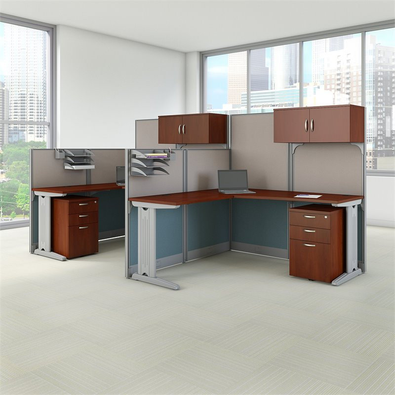 Office in an Hour 2 Person L Cubicle Desk Set in Mocha Cherry ...
