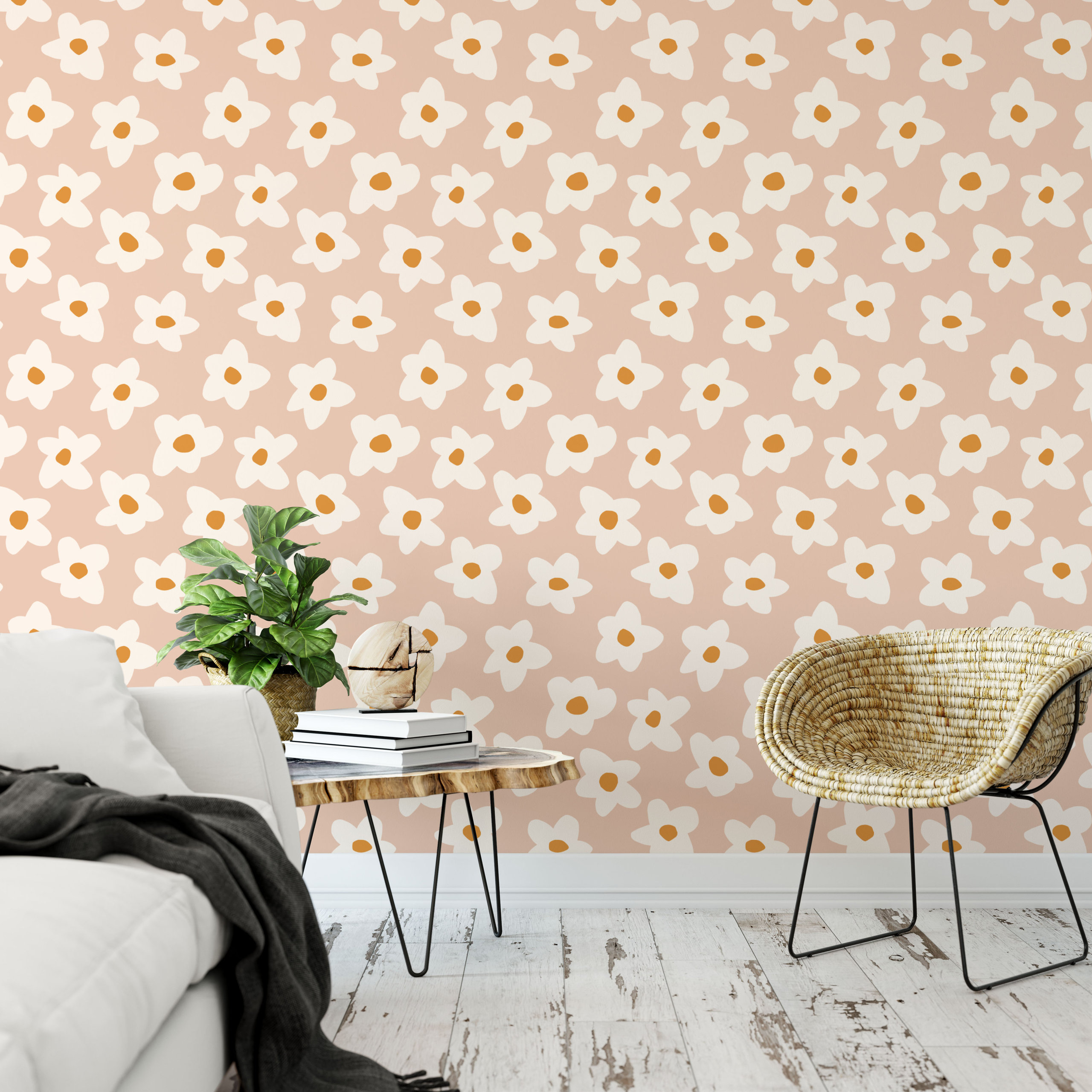 Retro Flowers Boho Pink Wallpaper by Erin Kendal, 24"x144 ...