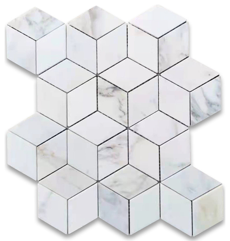 Calacatta Gold Marble Illusion 3D Cube Rhombus Diamond Hex Tile Honed ...