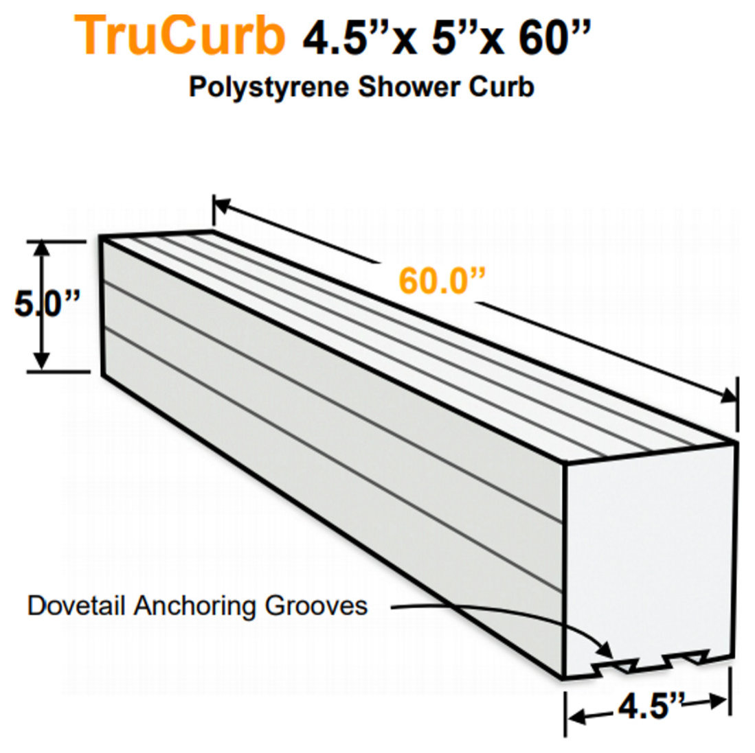 36” - 72" x 5” x 4.5" TruCurb Tileable Pre-formed Shower Curb, 60 ...