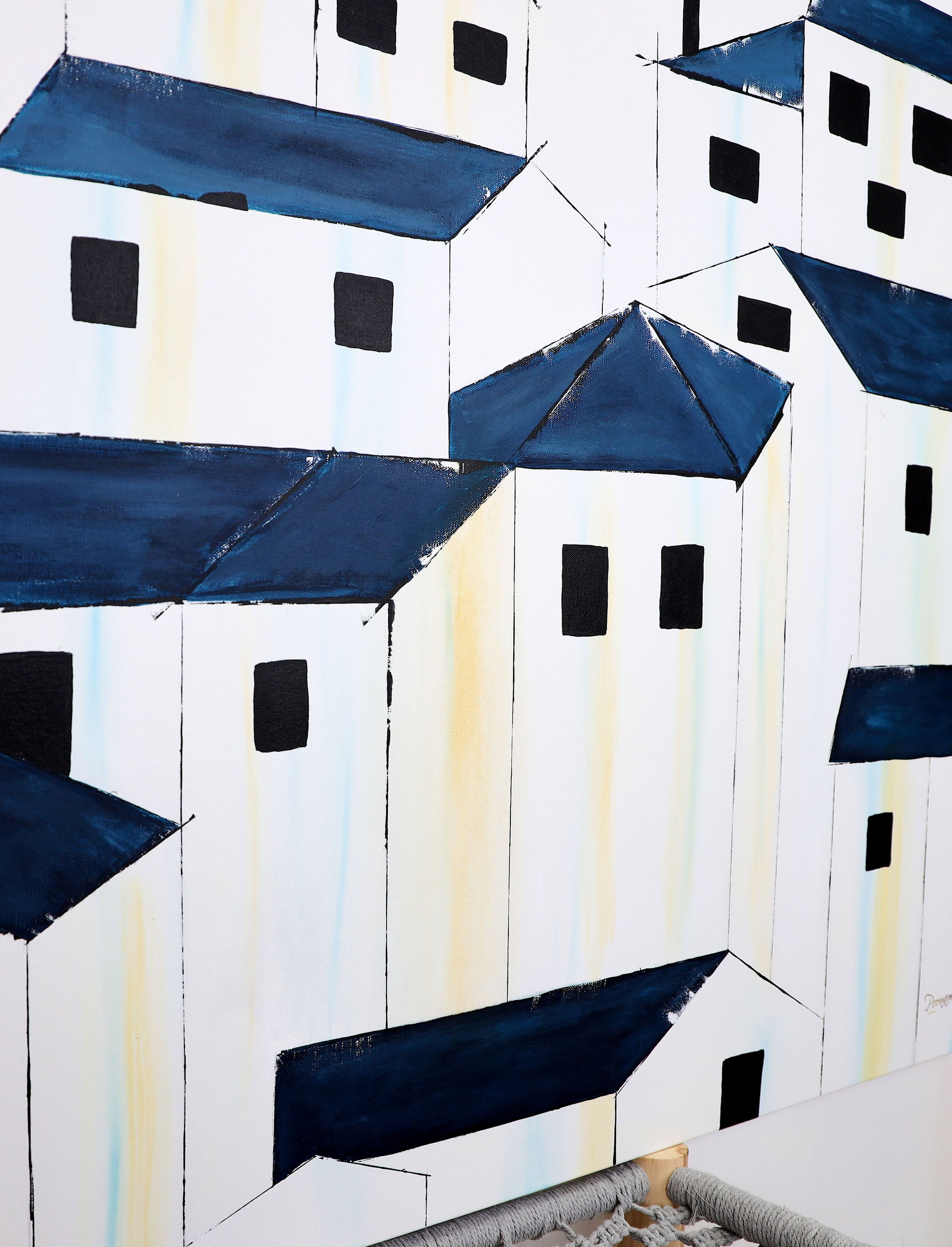 Blue rooftop houses, Architecture landscape painting, cityscape artwork ...