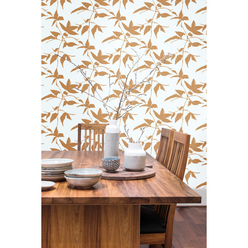Persimmon Leaf Wallpaper, Gold, White - Contemporary - Wallpaper - by ...