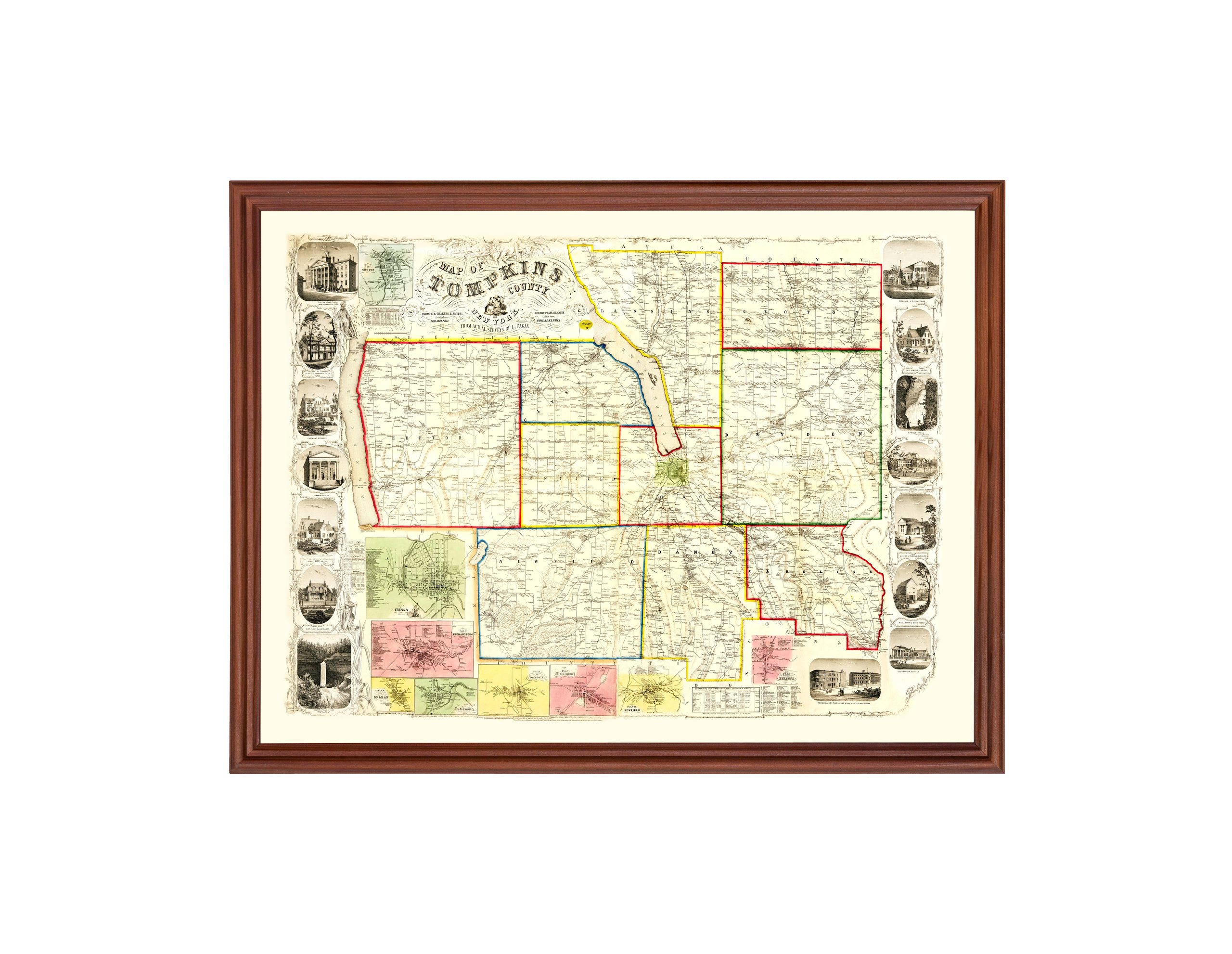 Tompkins County Map Framed Art 1853, Vintage New York Wall Decor, 24x18 ...