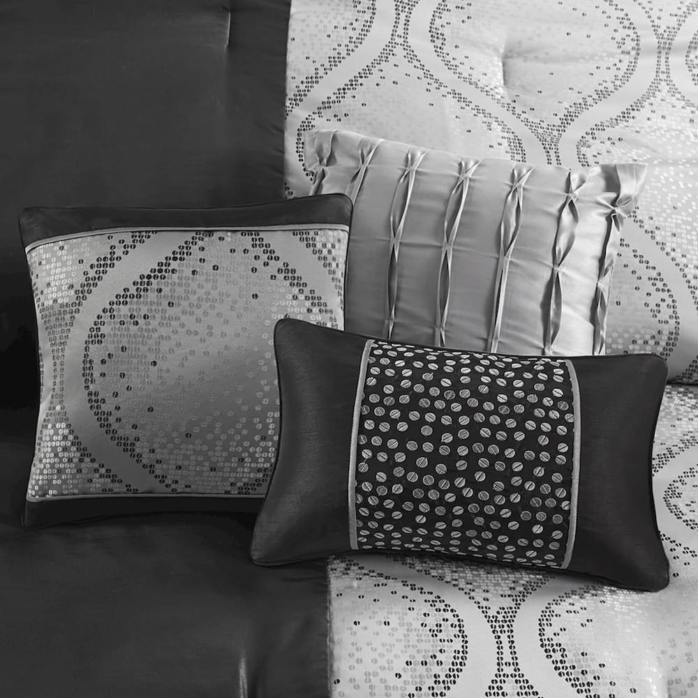Lori 6 Piece Jacquard Comforter Set with Throw Pillows in Black/Silver ...
