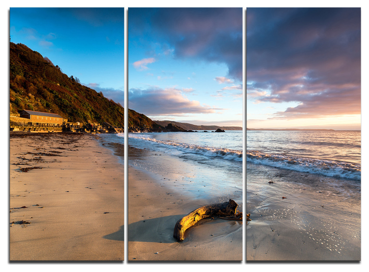 "Looe Cornwall Beach At Sunrise" Modern Beach Wall Art, 36"x28" 3 Panel ...