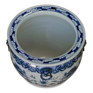 16" Blue and White Porcelain Imperial Dragon Chinese Fishbowl Planter ...
