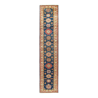 Navy Blue Super Kazak Lamb's Wool Runner, 2'8"x13'3" - Southwestern ...