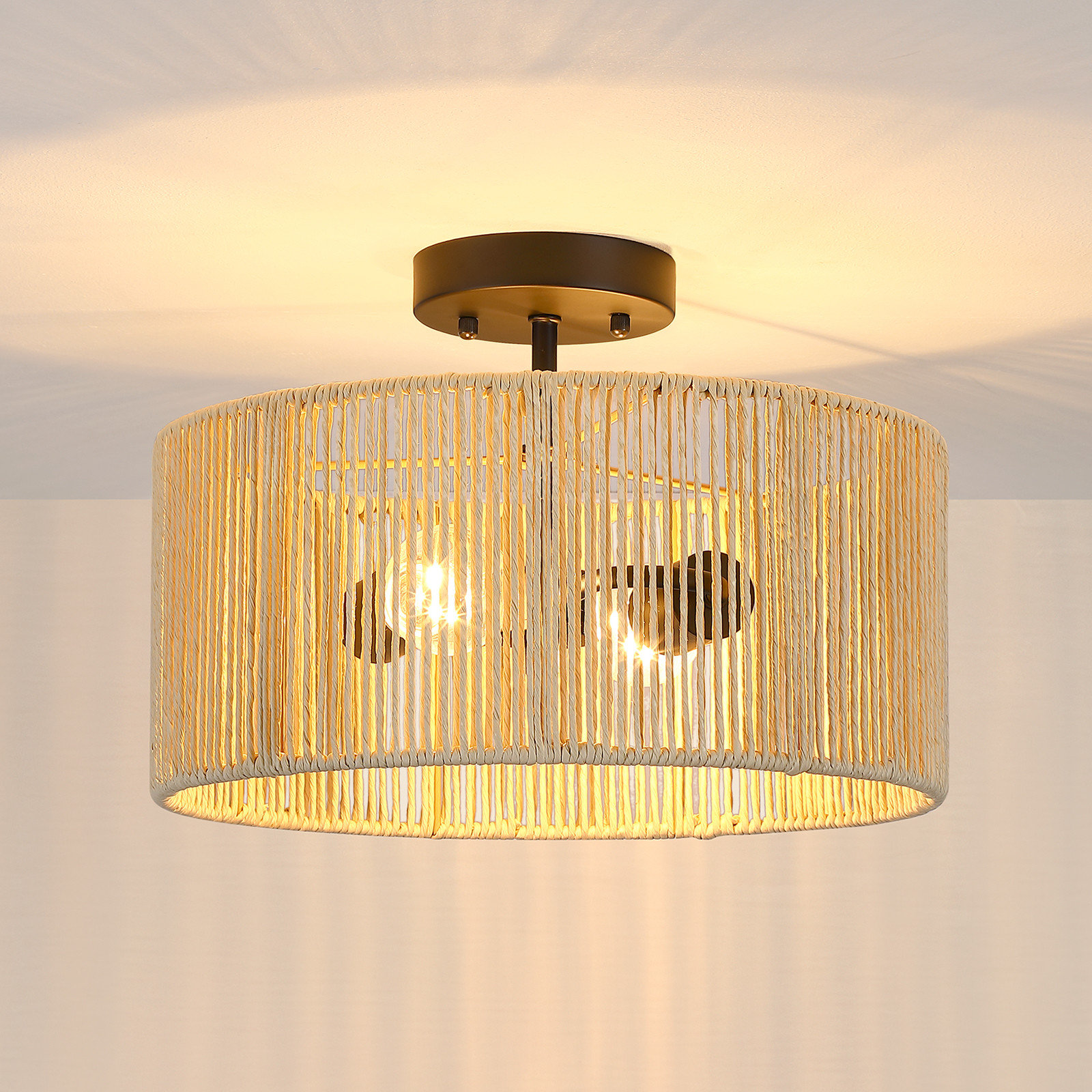 14" W 2-Light Woven Rope Drum Semi-Flush Mount Ceiling Light - Beach ...