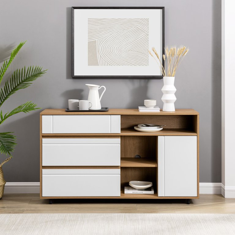 Contemporary Sideboard, Multiple Storage Drawers & Open Cubbies, White ...