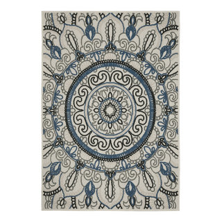 8' x 10' Blue and Beige Geometric Stain Resistant Indoor Outdoor Area ...