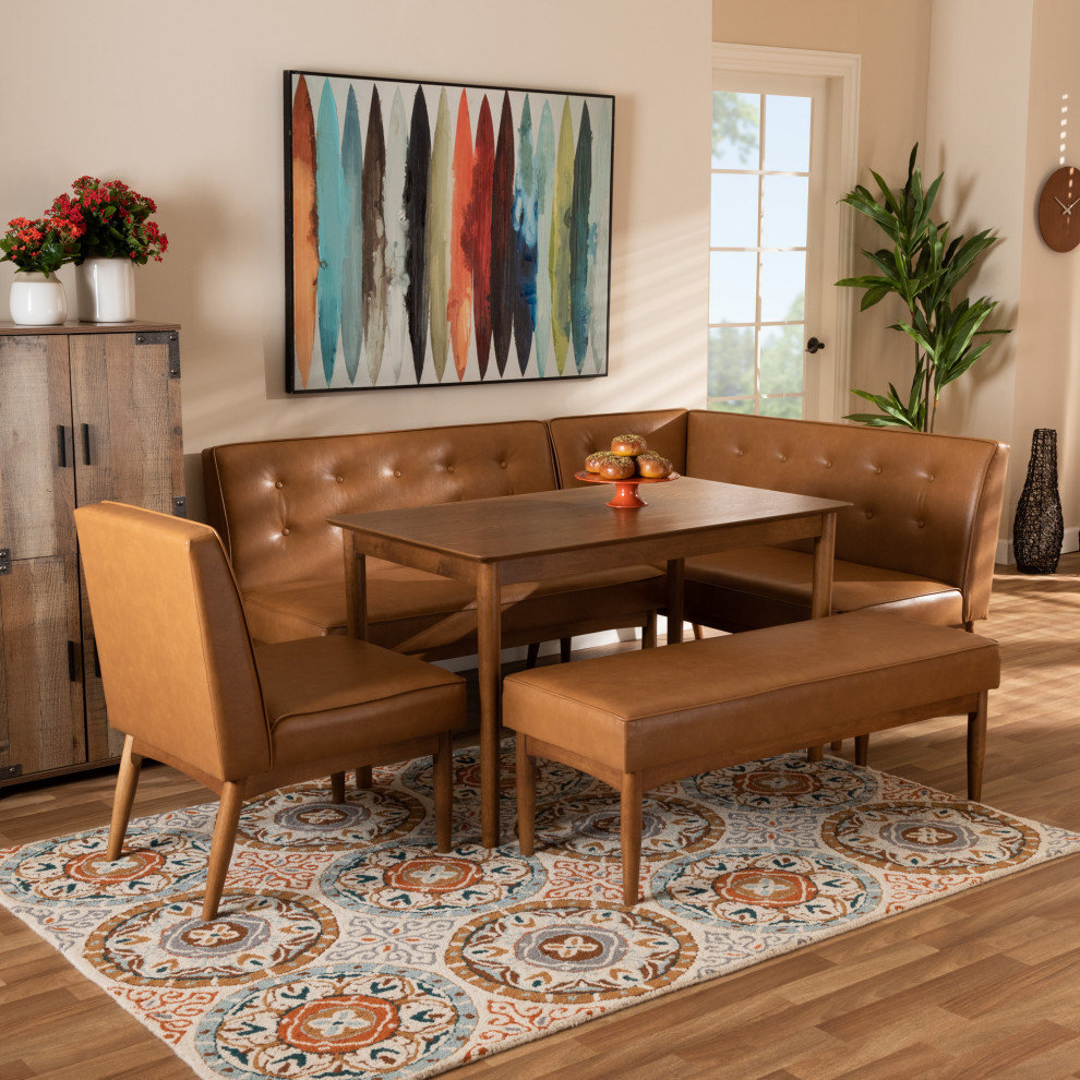 San Simeon Mid-Century Tan Faux Leather and Walnut 5-Piece Dining Nook ...