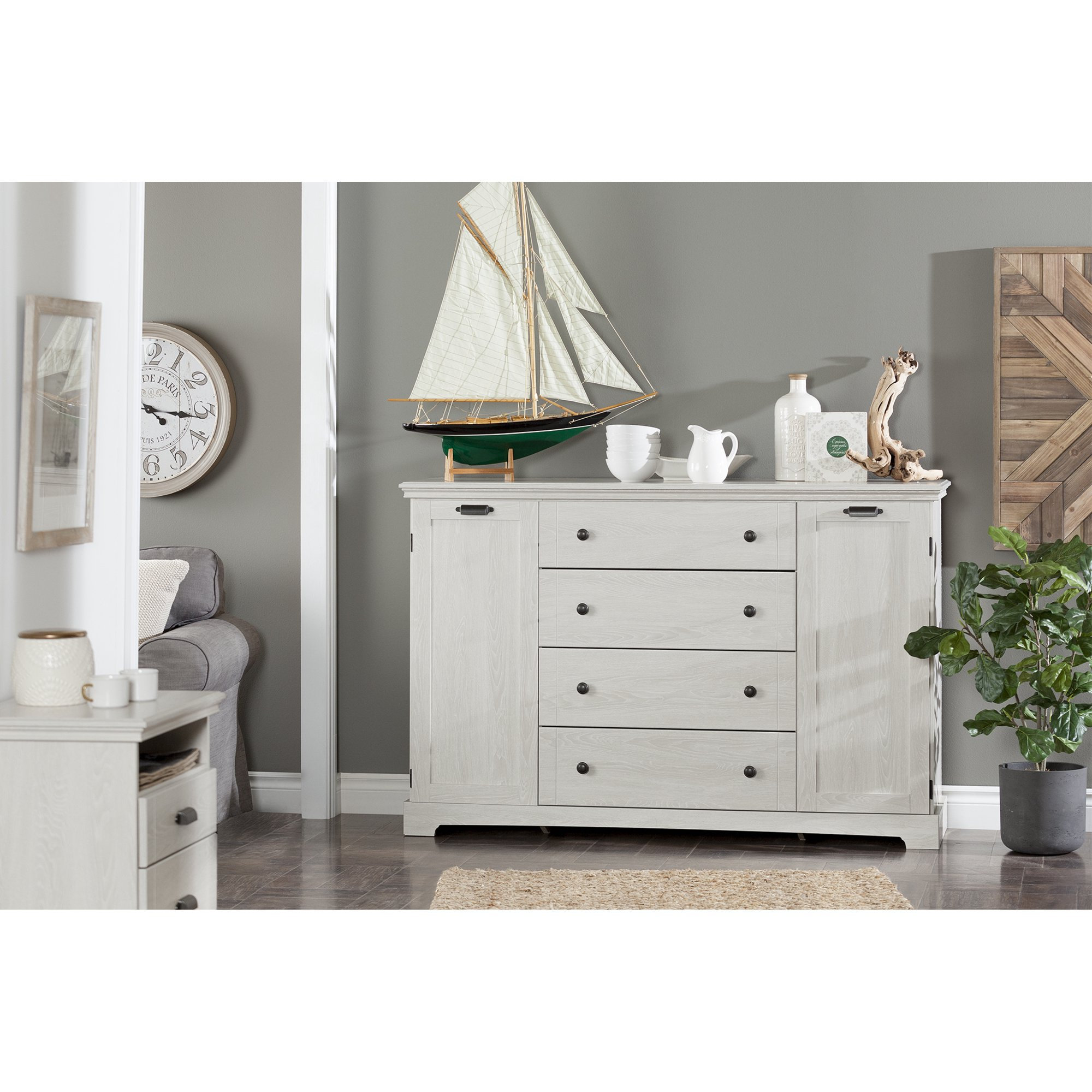 Classic Cottage Storage Cabinet, 4 Drawers & 2 Side Cabinets, Winter ...
