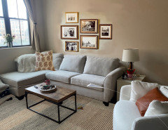 How to make a grey couch work in a beige space