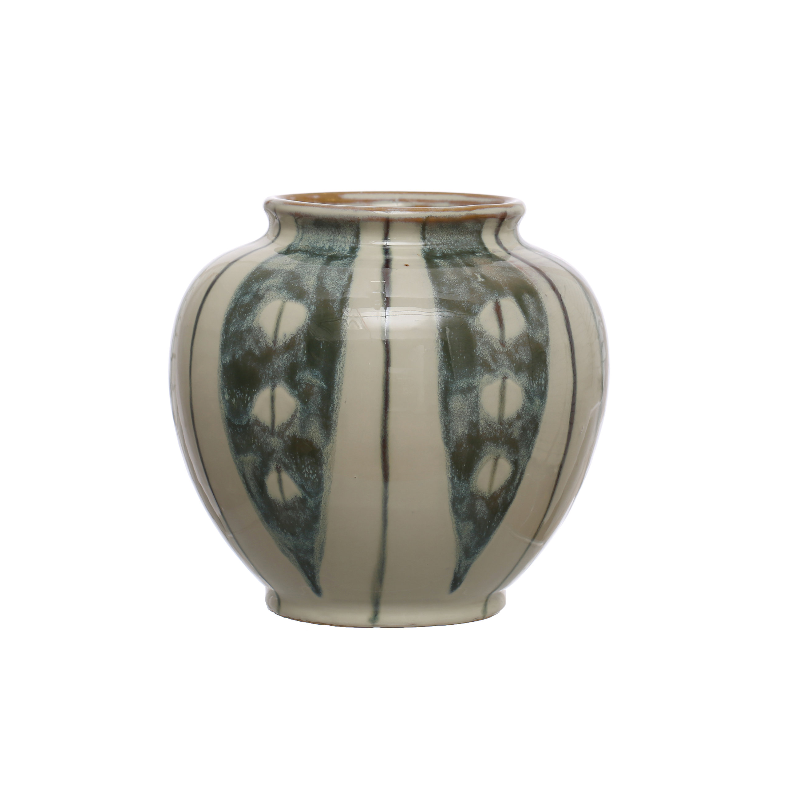 9" Round Hand-Painted Stoneware Vase, Stripes, Reactive Glaze, Cream ...