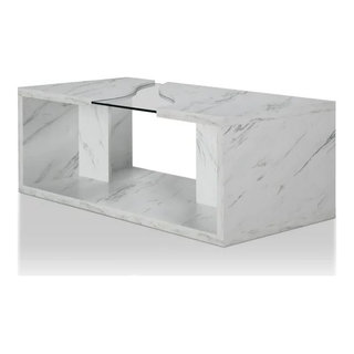 Contemporary White Coffee Table with Faux Marble and Curved Glass Top ...