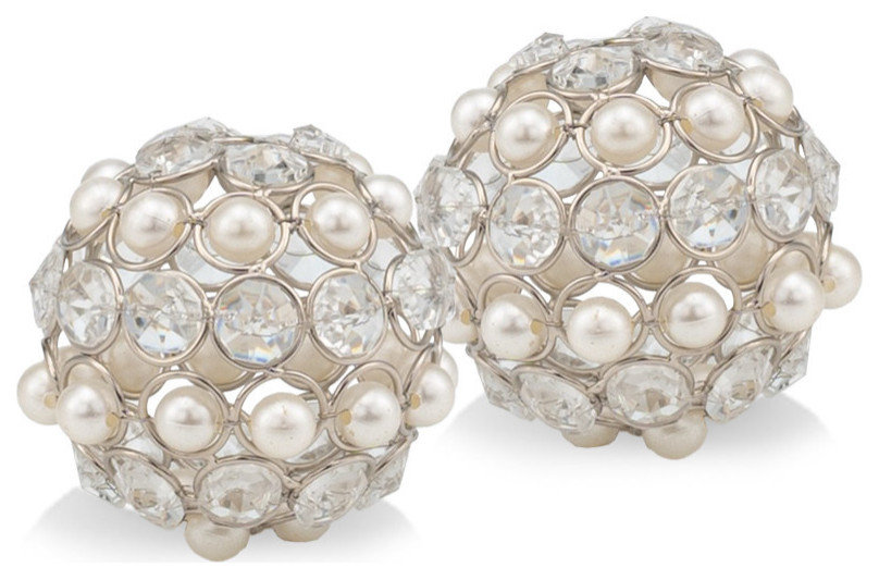 Set of Two 3" Silver And Clear Faux Crystal Bling Decorative Orbs ...