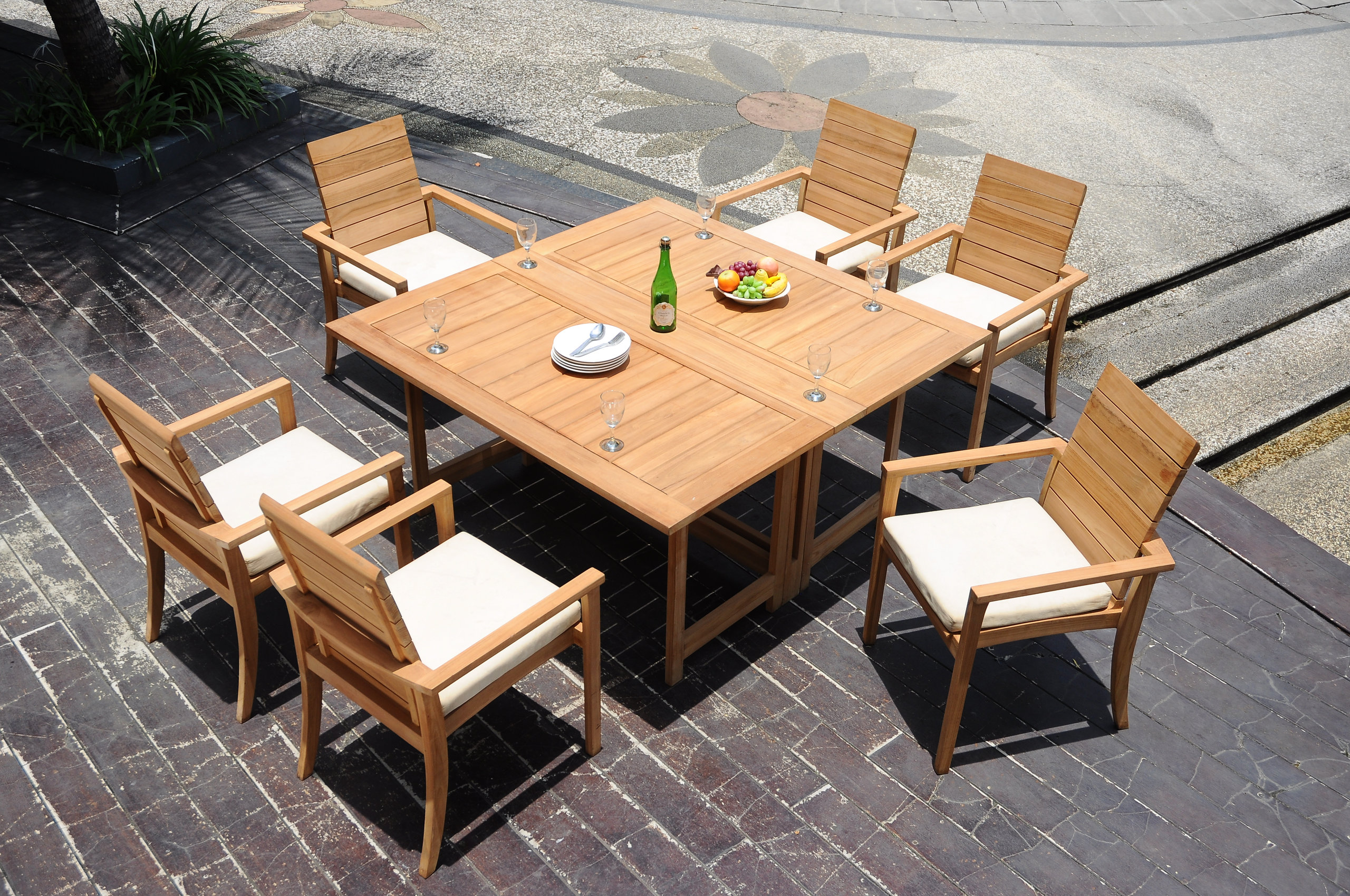 7-Piece Outdoor Teak Set: 60" Square Butterfly Table, 6 Alps Stacking ...