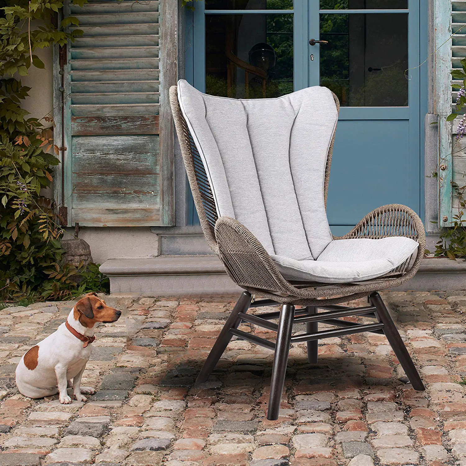 Outdoor Lounge Chair, Dark Eucalyptus Wood Legs & Tufted Cushioned Rope ...