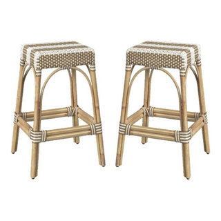 Home Square 30" Rectangular Rattan Bar Stool in Tan & White - Set of 2 ...