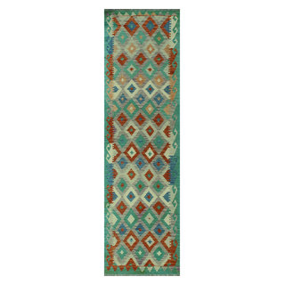 Sangat Kilim Rabb Green/Rust Runner, 2'7x9'5 - Southwestern - Hall And ...