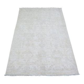 Daisy White Wool Hand Knotted Washed Out Peshawar Oriental Rug, 3'10"x5 ...