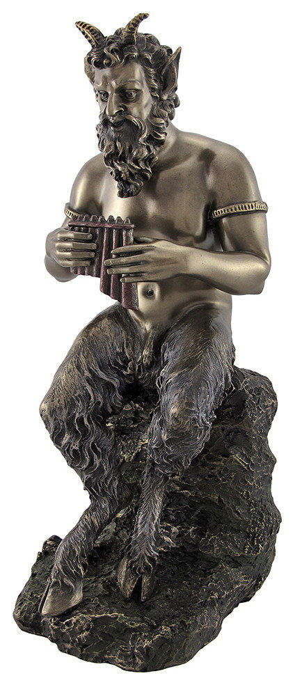 Bronzed Finish Pan Playing Flute Statue Greek Mythology Faun, One Size ...