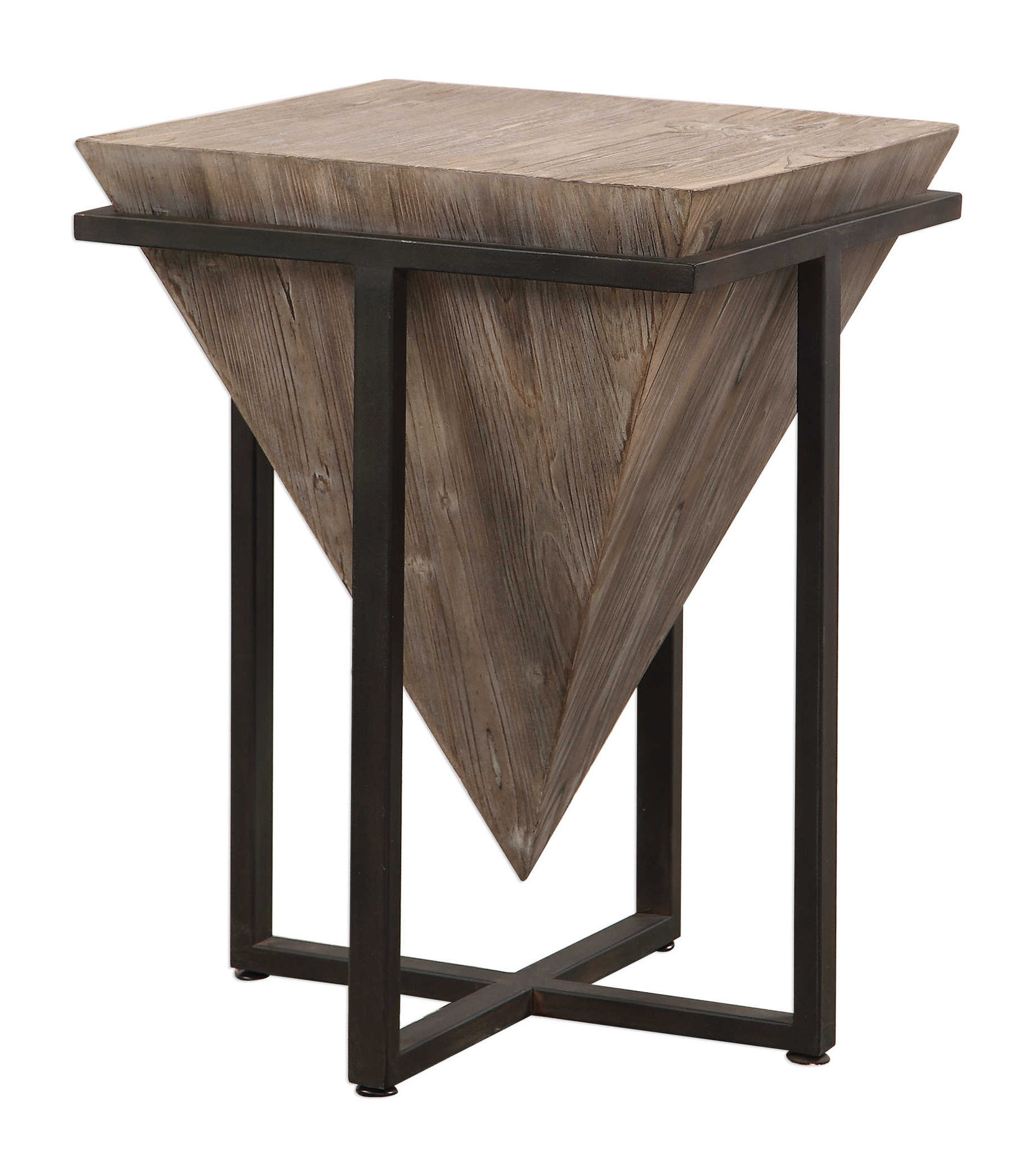 Modern Rustic Industrial Pyramid End Table, Geometric Iron Wood Block ...