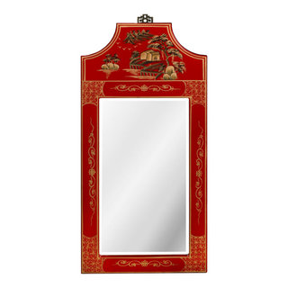 Red Chinoiserie Scenery Motif Panel Vanity Oriental Mirror - Asian ...