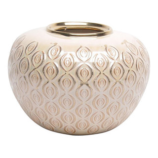 Mid Century Ceramic Round Flower Vase, Beige And Gold - Contemporary ...